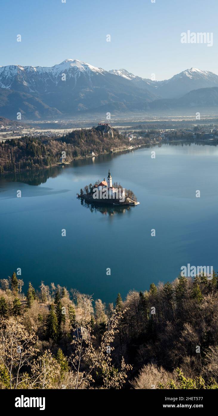 Panorama of lake bled during sunrise. Lake bled Castle in the ...