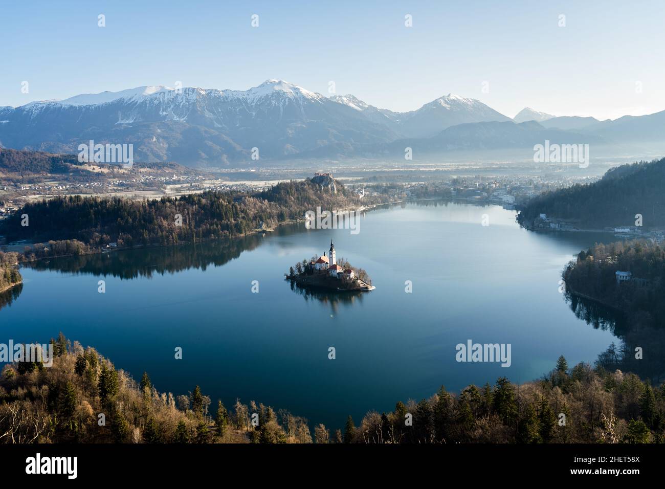 Panorama of lake bled during sunrise. Lake bled Castle in the ...