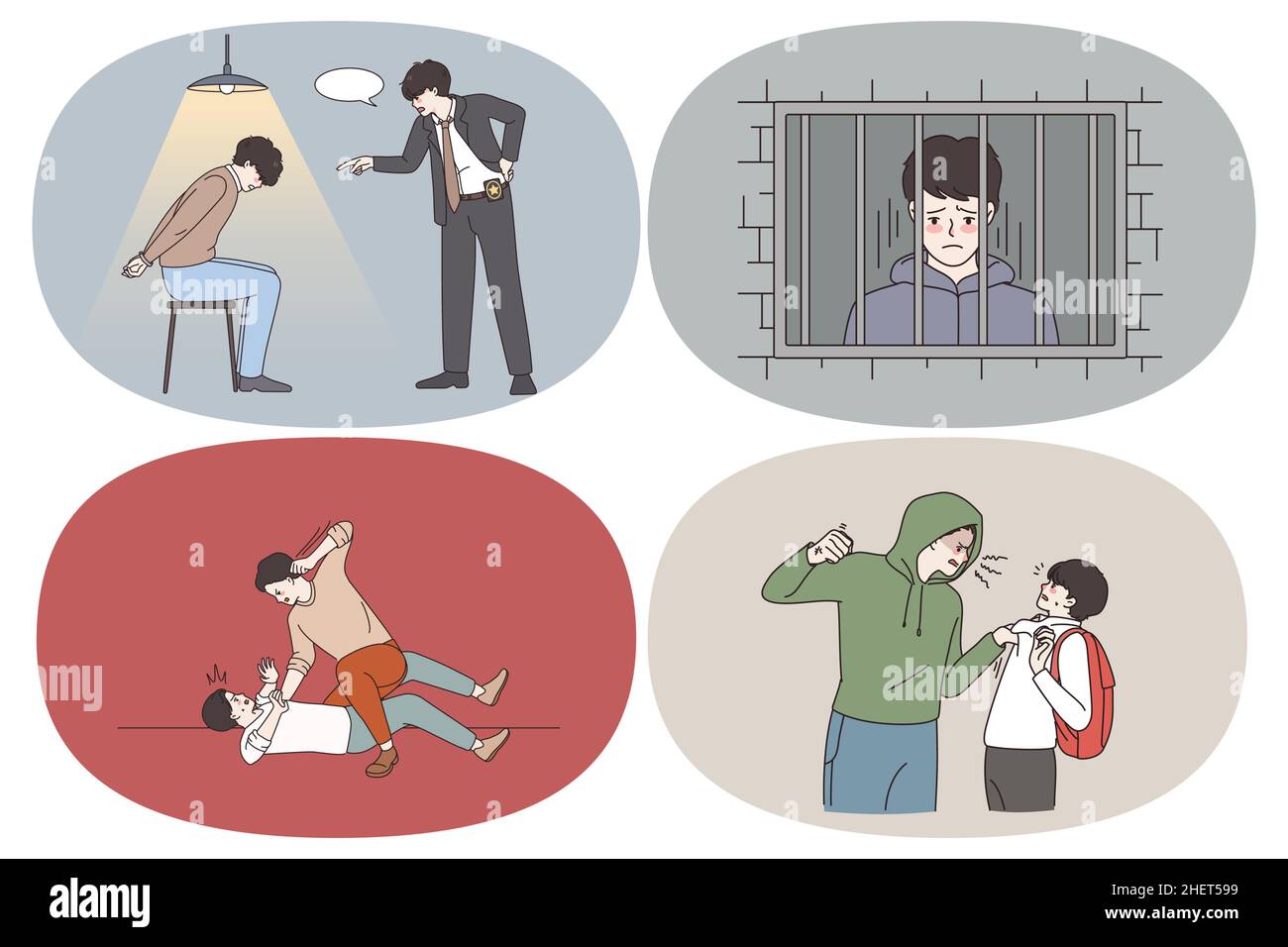 Attack crime and punishment concept. Set of criminals thieves robbers ...