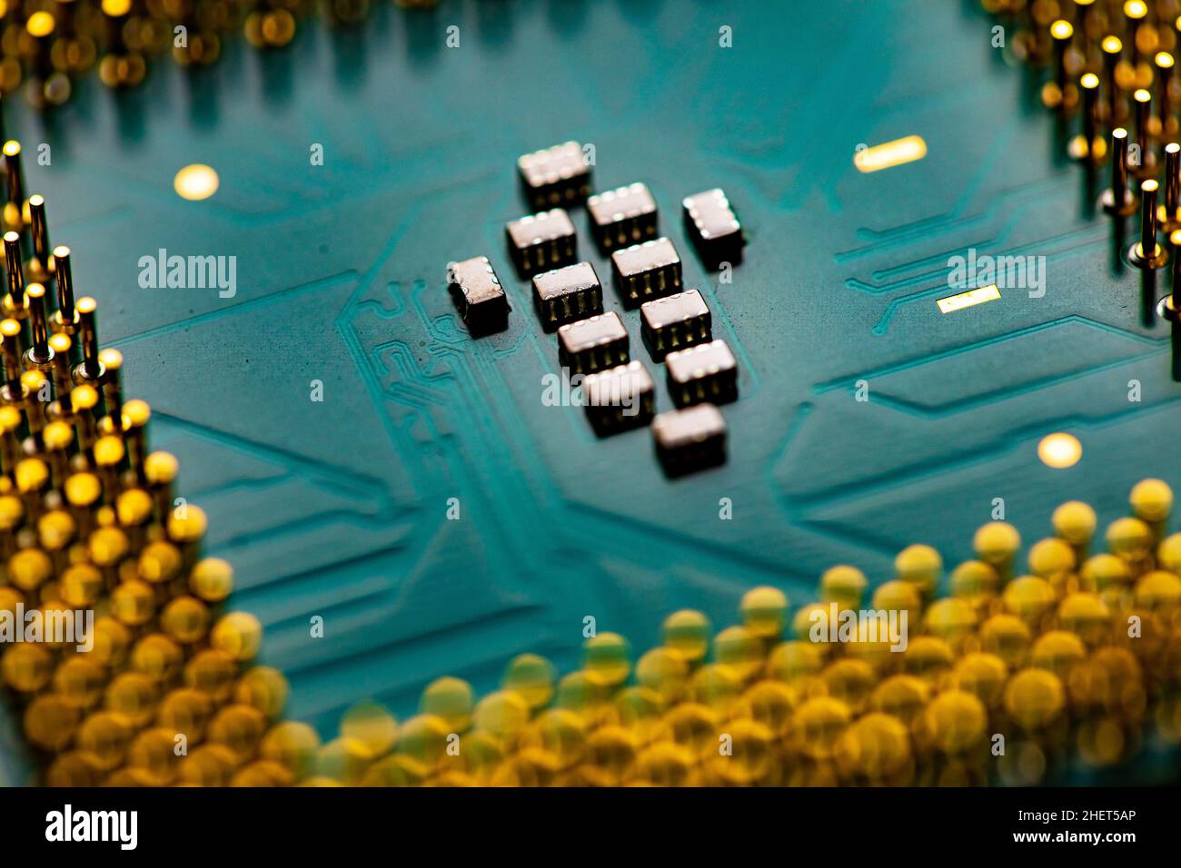 Macro Close up of microchips and pins on Main CPU PC processor circuit board Stock Photo - Alamy