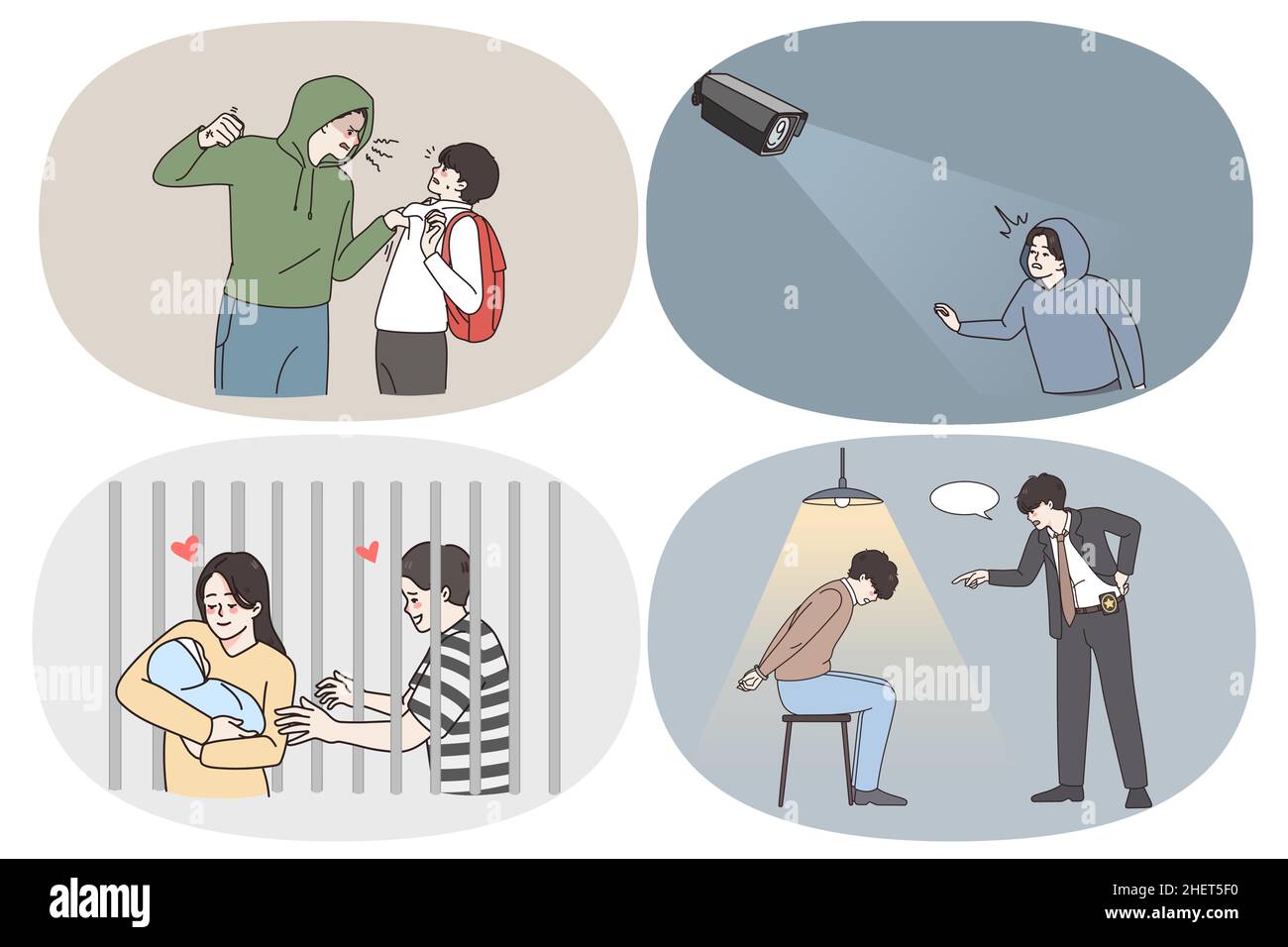 Crimes and life in prison concept. Set of criminals thieves robbers ...