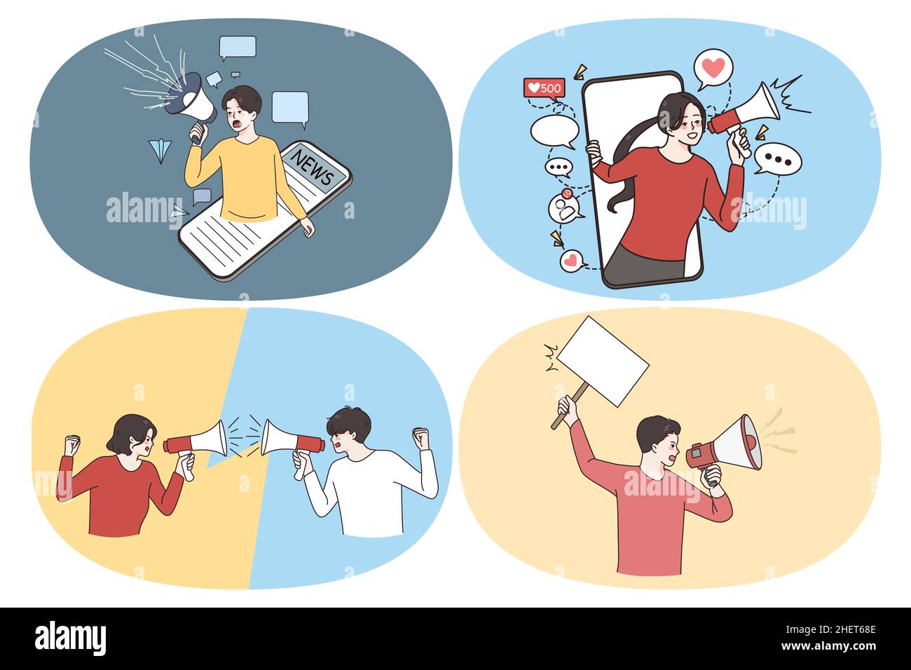 Online and offline Advertisement promotion concept. Set of young people ...