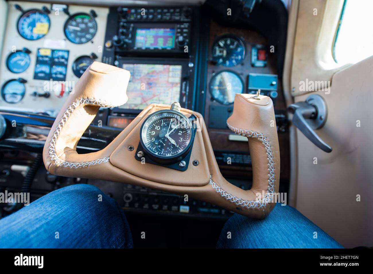 brown leather steering wheel of small propeller aircraft Stock Photo ...