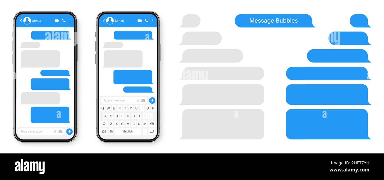 Realistic smartphone with messaging app. Blank SMS text frame ...