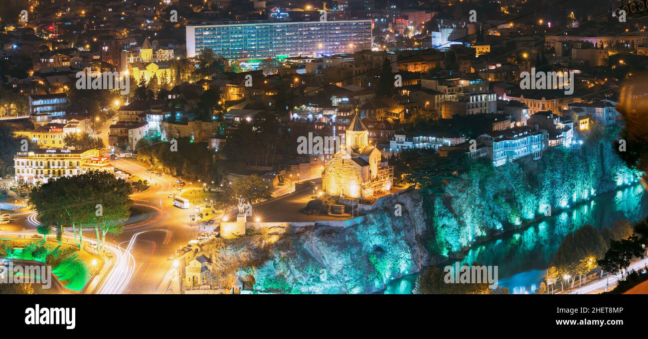 Tbilisi, Georgia. Night Evening Panorama, Illuminated View Of Metekhi ...