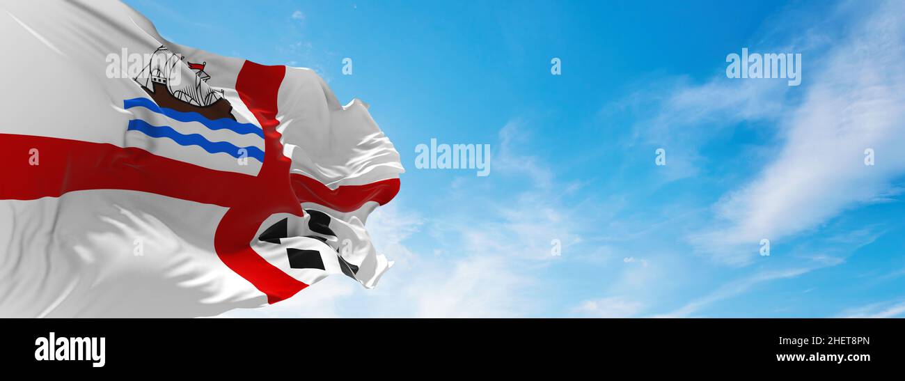 flag of Nanaimo , Canada at cloudy sky background on sunset, panoramic ...