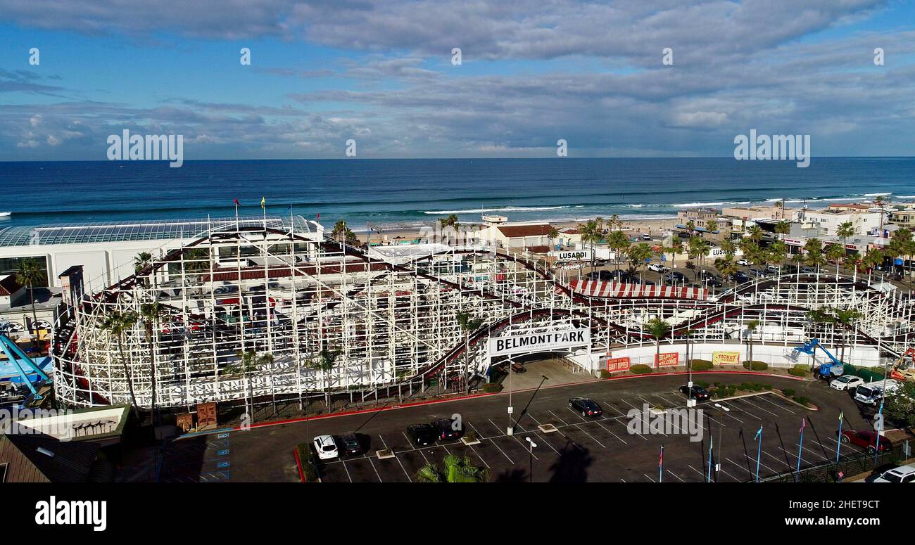 Aerial view Mission Beach, with wooden Giant Dipper roller coaster and ...