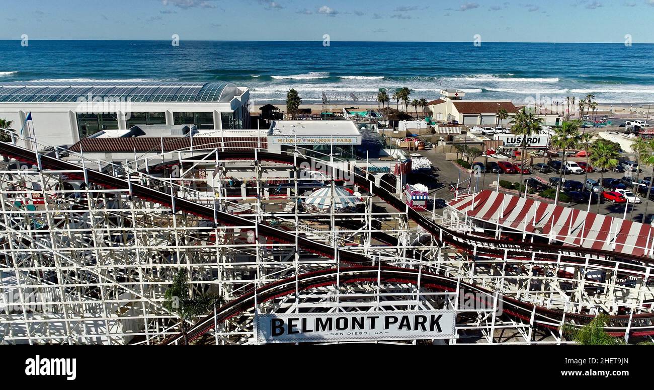 Aerial view Mission Beach, with wooden Giant Dipper roller coaster and ...