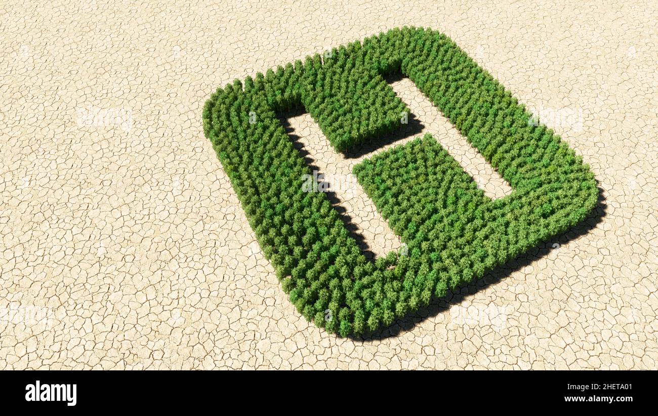Concept or conceptual group of green forest tree on dry ground ...