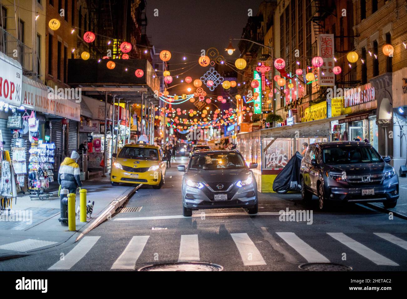 View of Mott street in Chinatown in lower Manhattan at street level ...