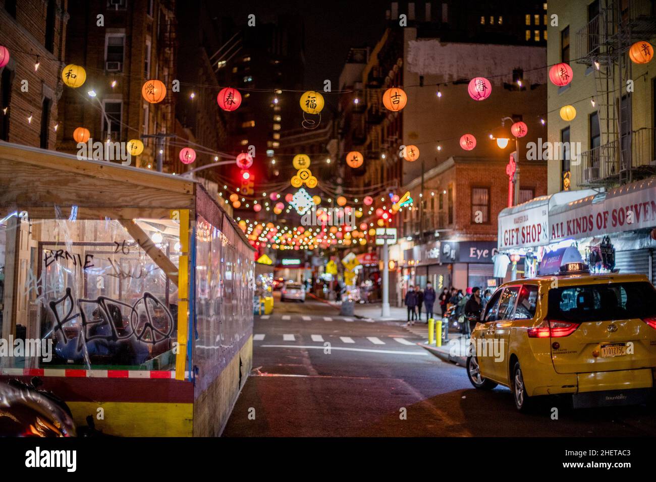 View of Mott street in Chinatown in lower Manhattan at street level ...