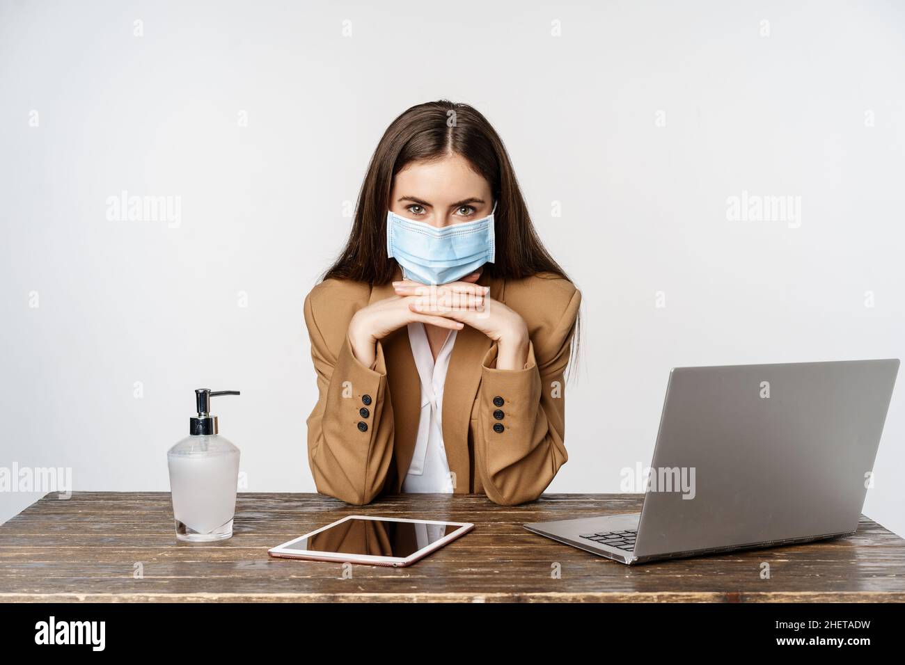 Workplace and covid-19 concept. Image of corporate woman at office ...