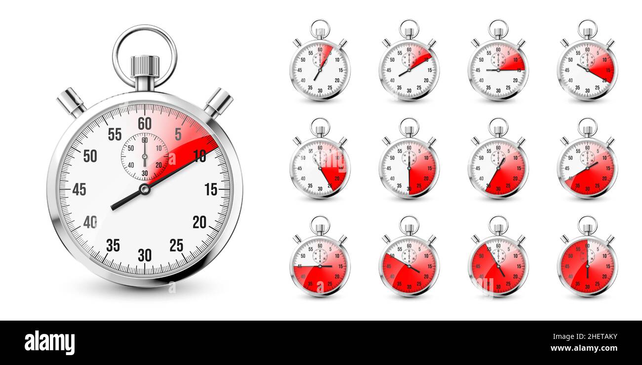 Realistic classic stopwatch icons. Shiny metal chronometer, time ...