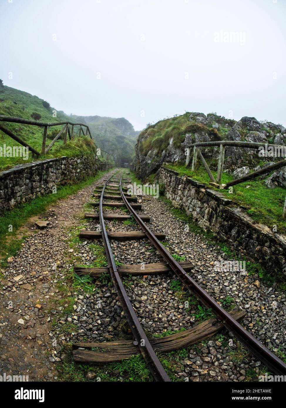 Wagon track of an abandoned mine in the lakes of Covadonga in the Picos ...