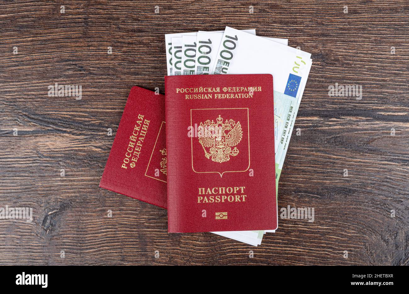 Russian biometric passports and European currency banknotes. Travel ...