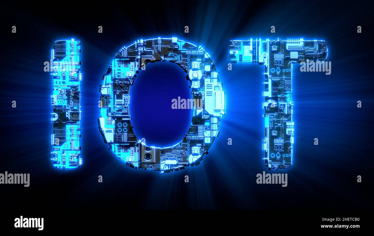 IOT shining blue digital cyber text, isolated - industrial 3D ...