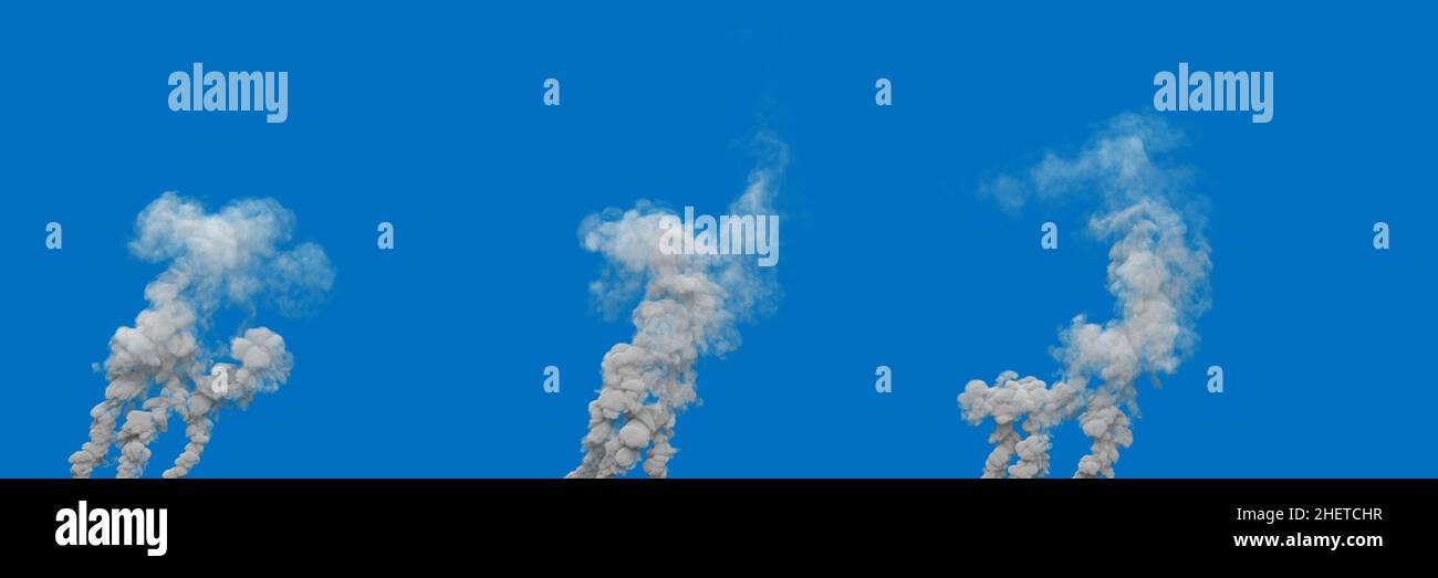 3 grey toxic smoke columns from power station on blue, isolated ...