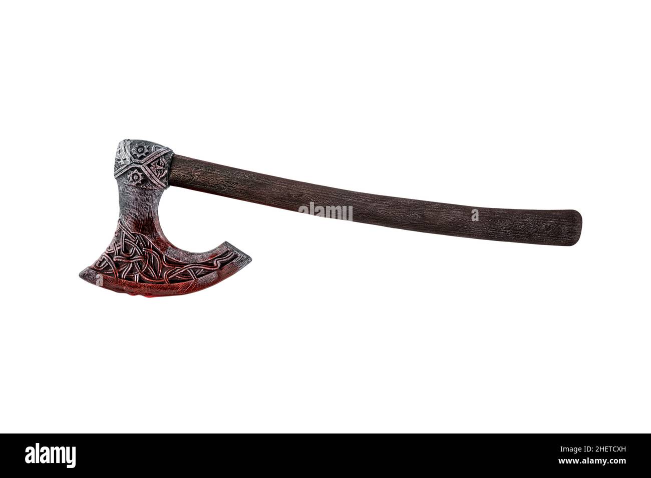 Medieval ax in red blood isolated on white background with clipping ...