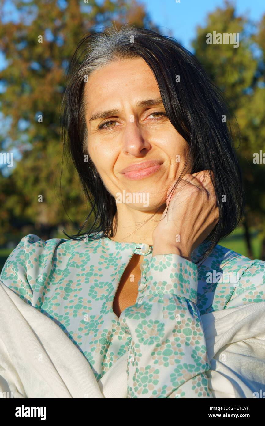 Profile side view portrait of attractive cheerful dreamy grey-haired ...