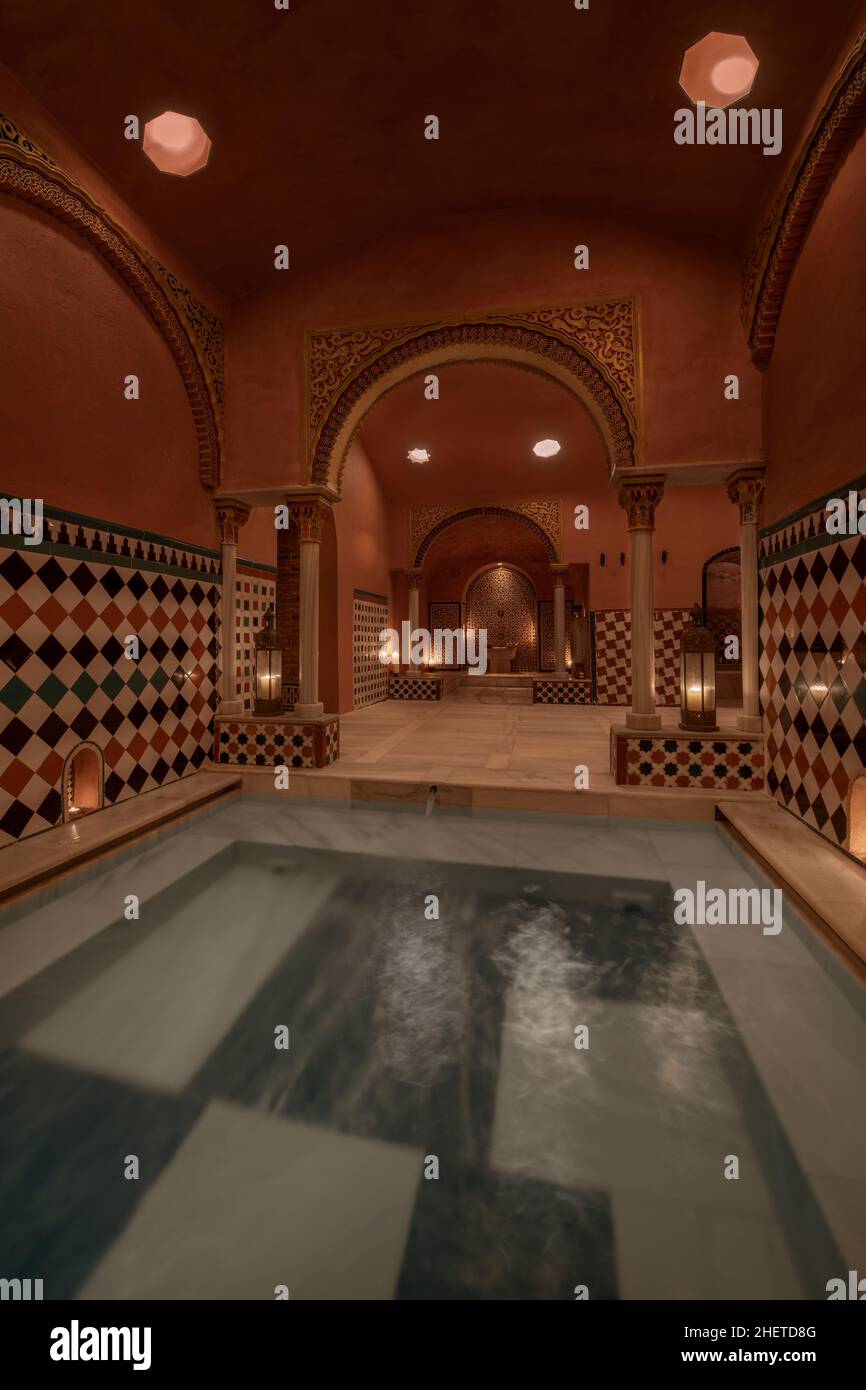 beautiful pool of thermal waters in an Arab baths with marble, tiles ...
