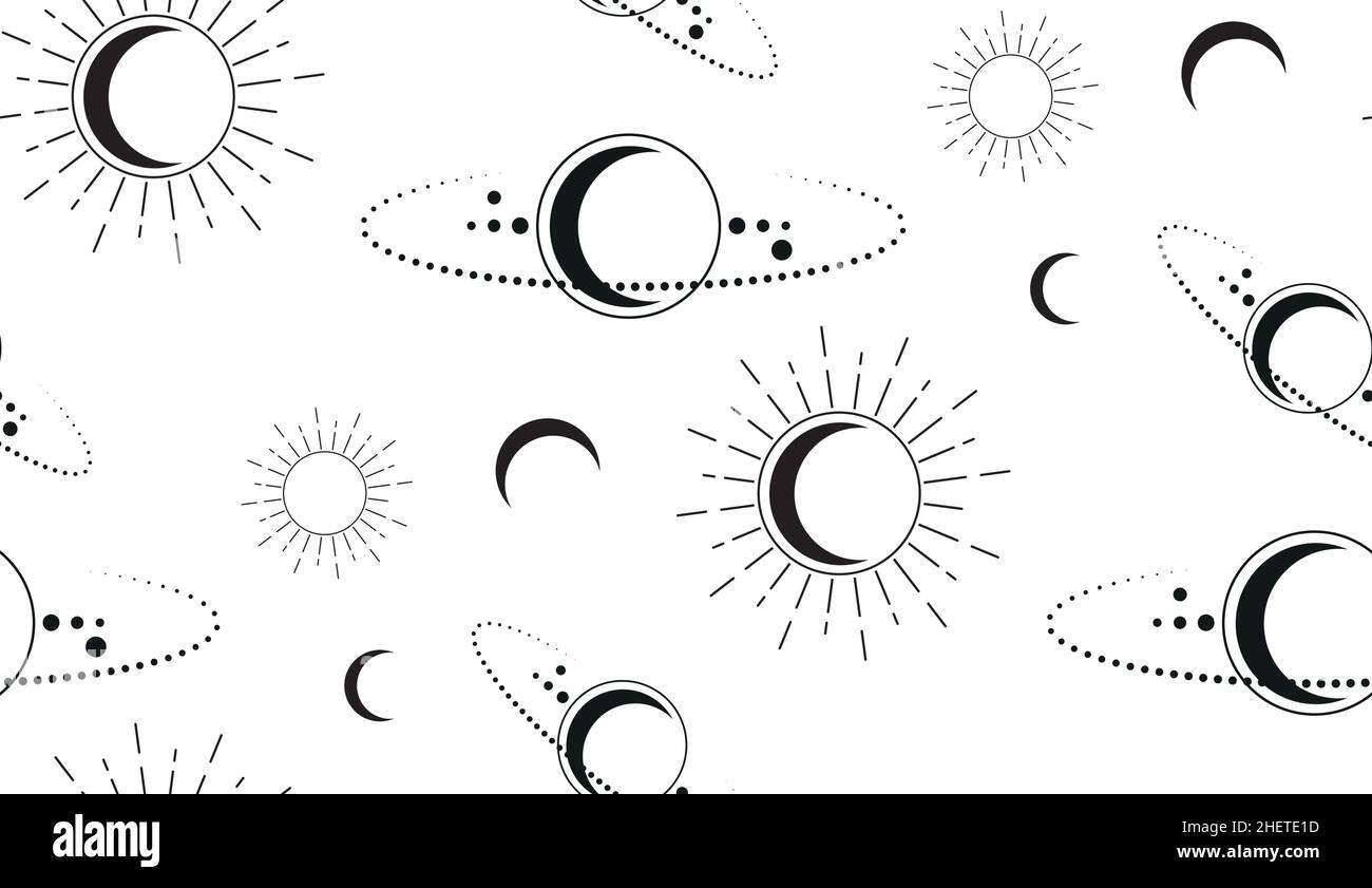 Seamless Space Mystical Sacred geometry. Moon, sun, stars, orbits ...