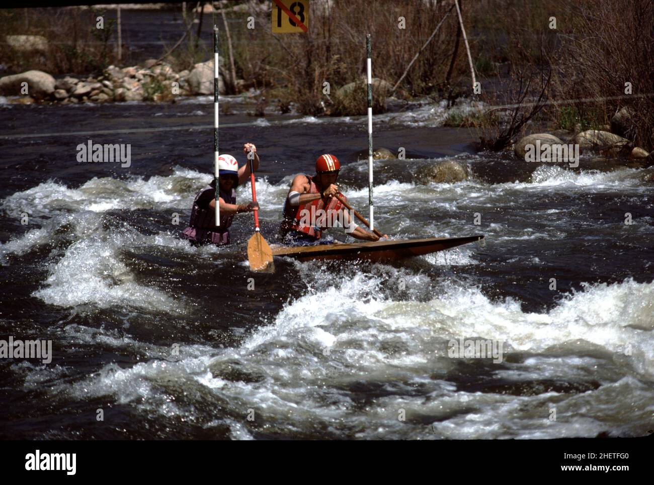 Kern River, CA. U.S.A. 4/1989. Single and double man Kayak slalom river ...