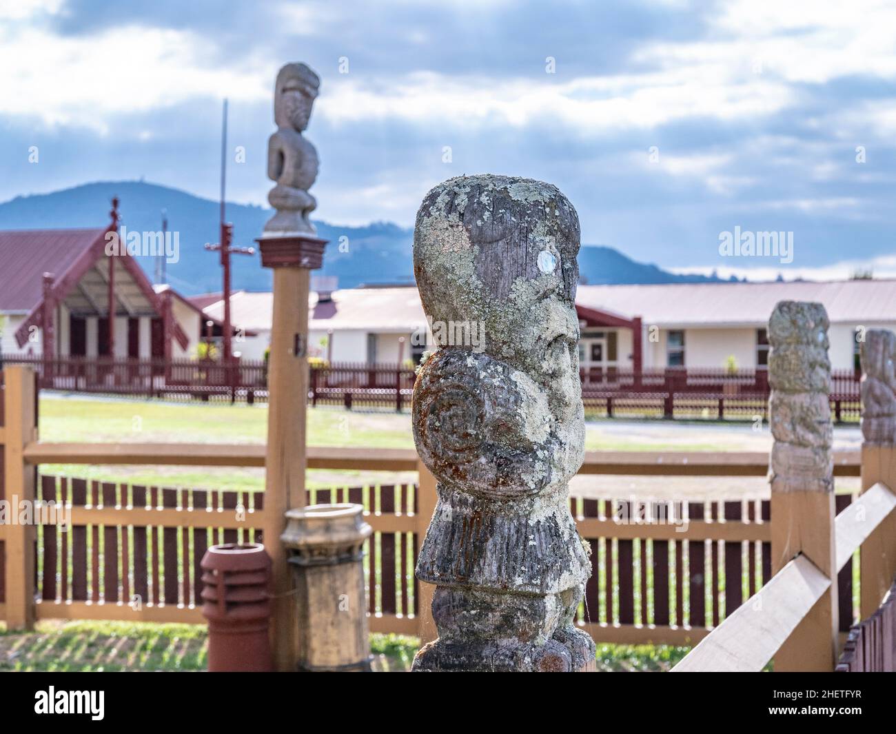 statue at Wharenui or Maori meeting house, Tamatekapua Marae, Ohinemutu ...