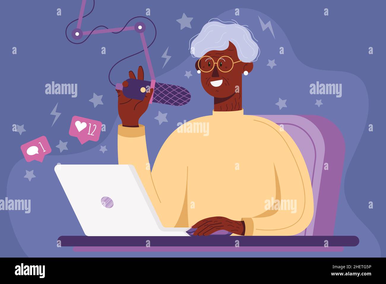 Old lady playing video games, elderly gamer with laptop and headphones ...