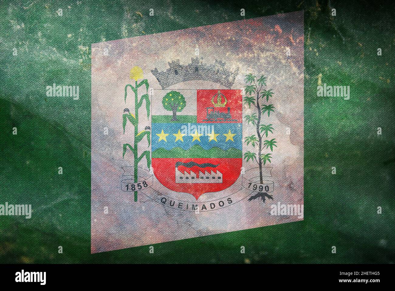 Top view of retro flag Queimados, Brazil with grunge texture. Brazilian ...