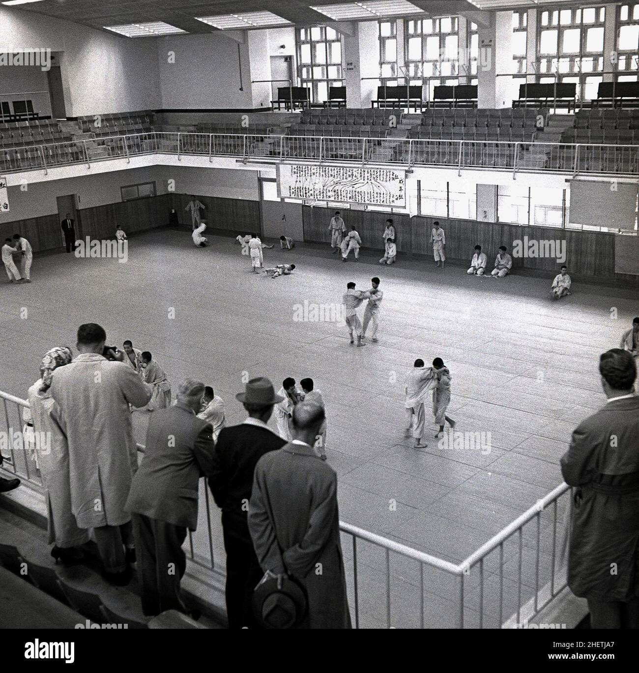 1960s, historical, judo training, inside a hall, looking down from a ...