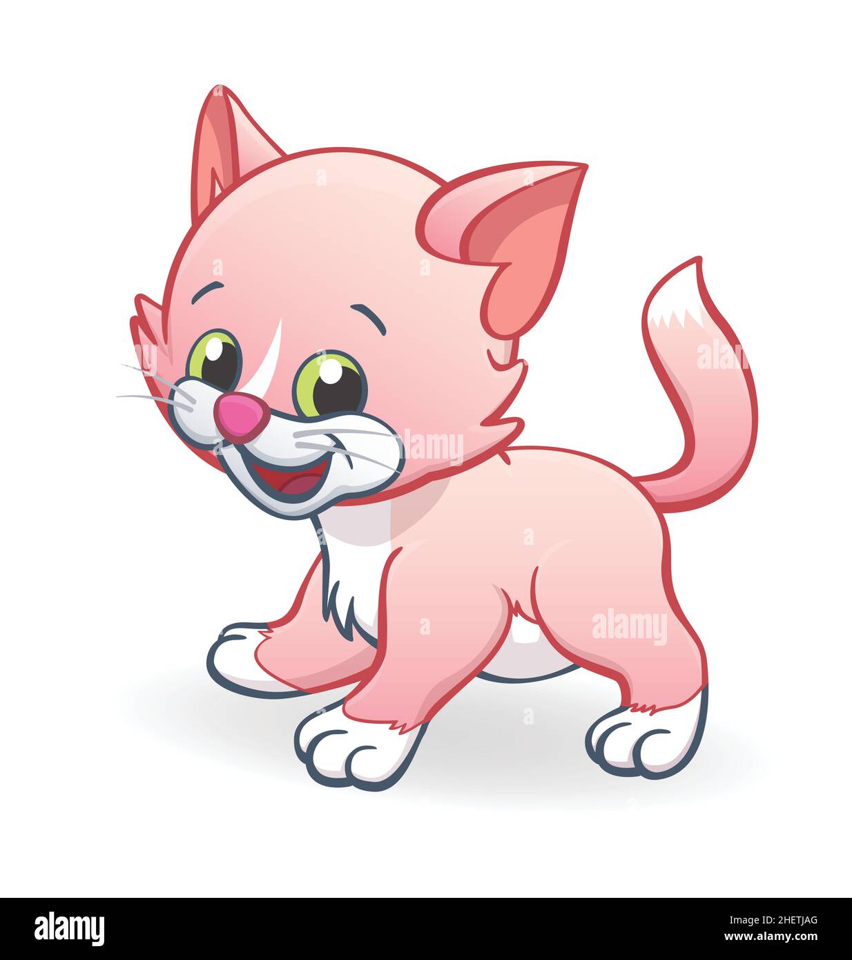 Cute smiling pink cartoon kitten cat character standing vector isolated ...