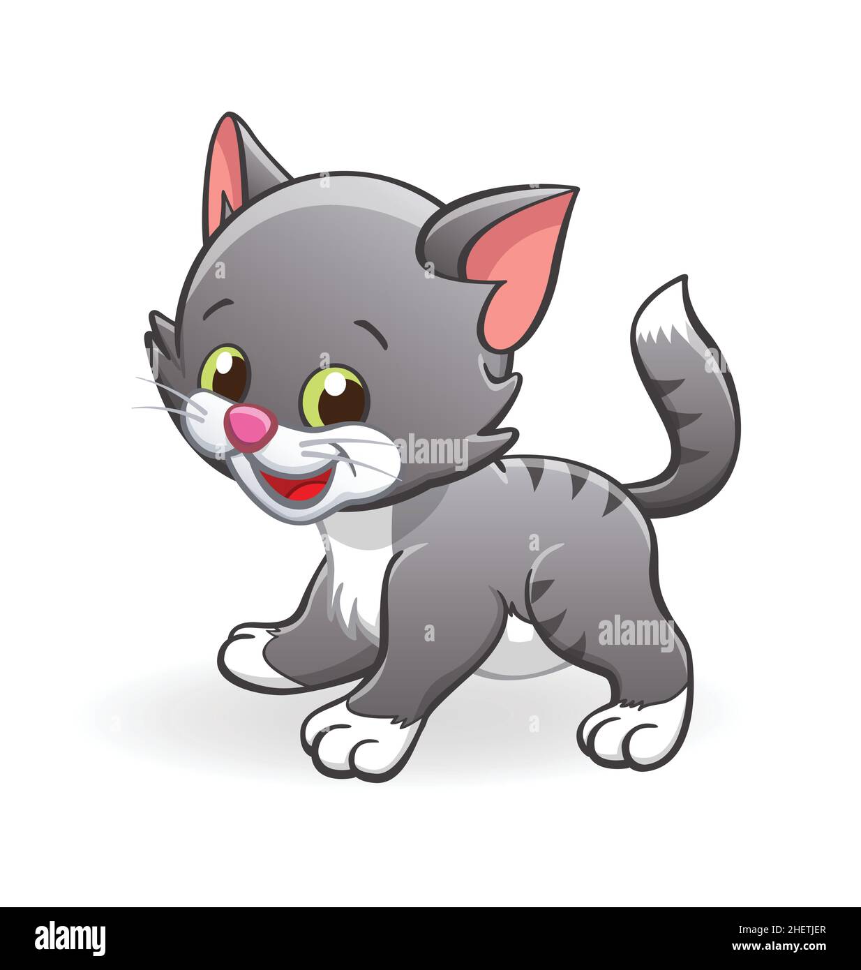 Cute smiling gray striped cartoon kitten cat character standing vector ...