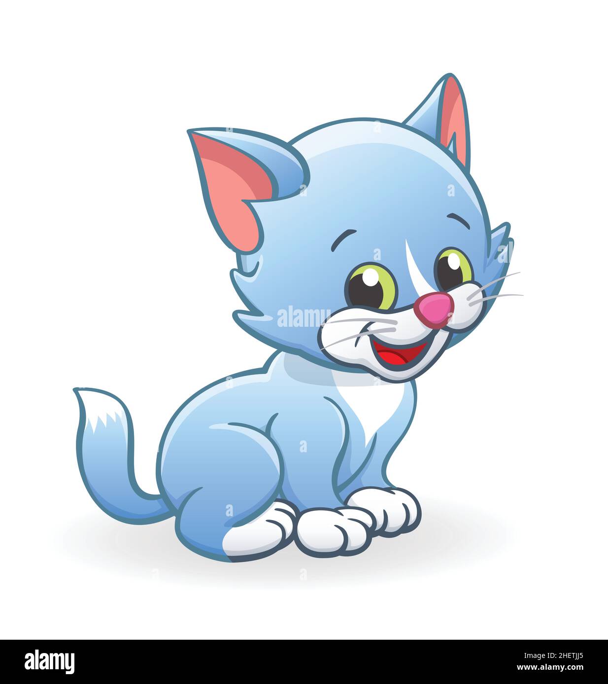 Cute smiling light blue cartoon kitten cat character sitting vector ...