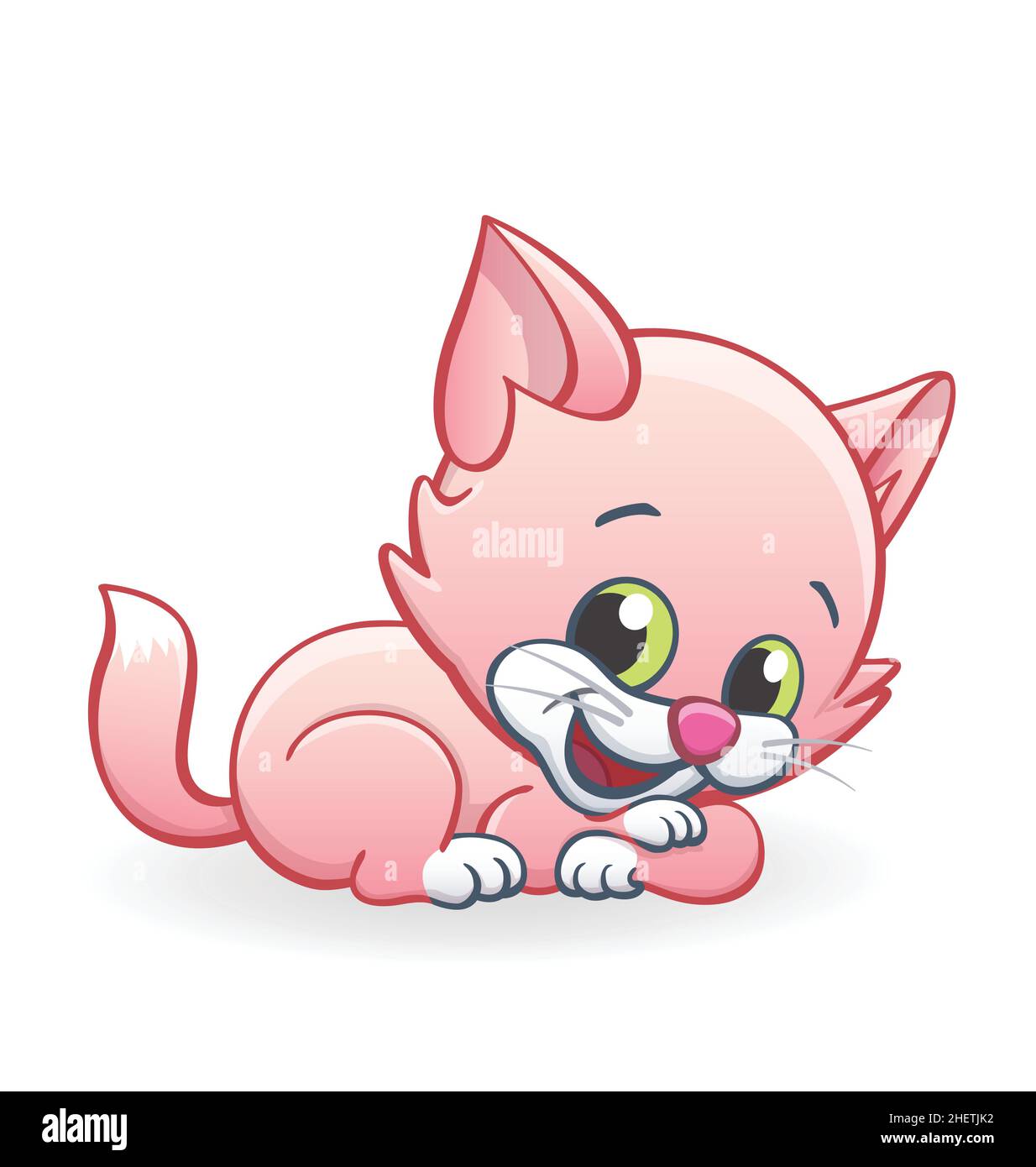 Cute smiling pink cartoon kitten cat character lying vector isolated on ...