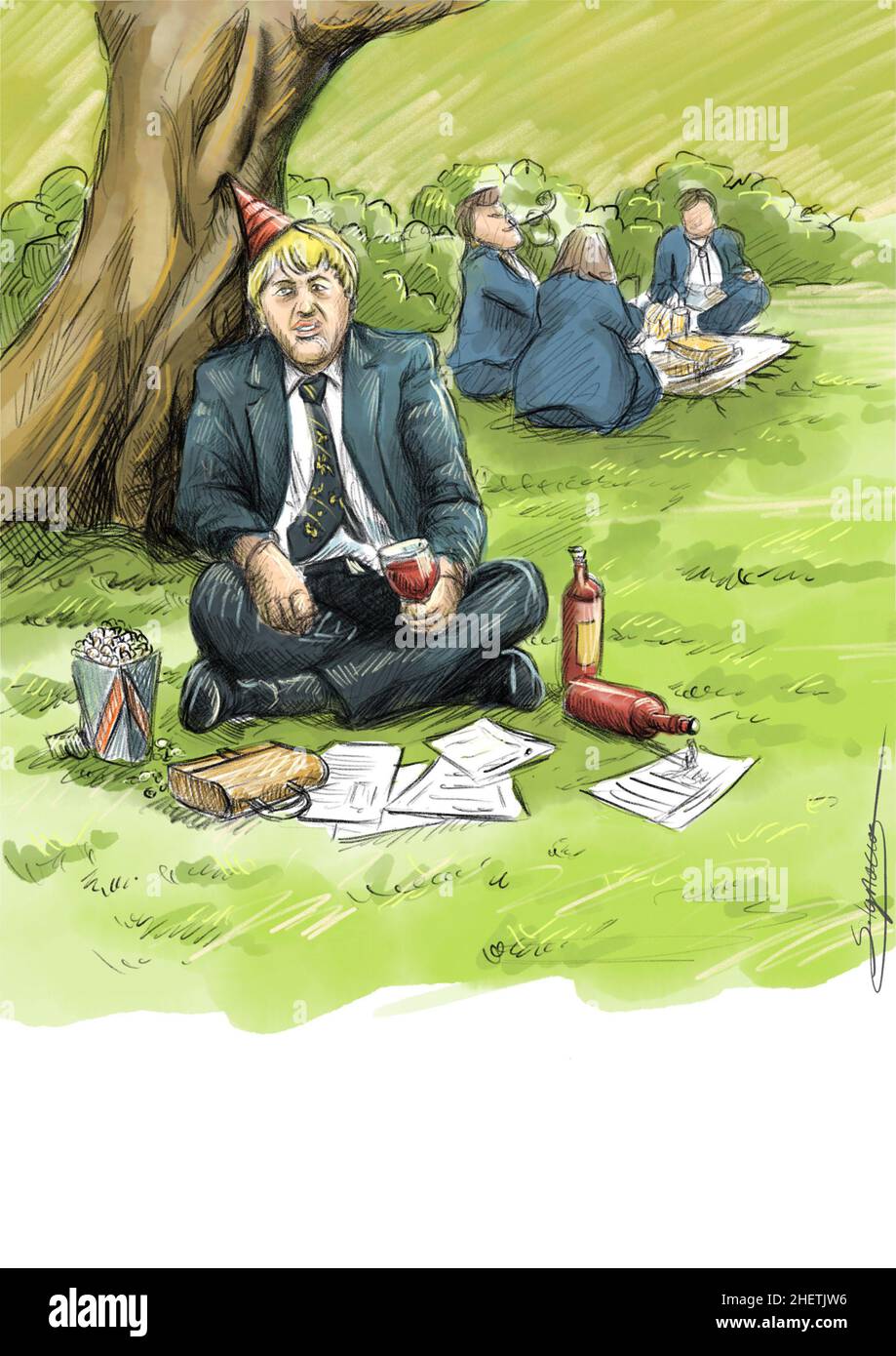Political, satirical cartoon depicting caricature of British Prime ...