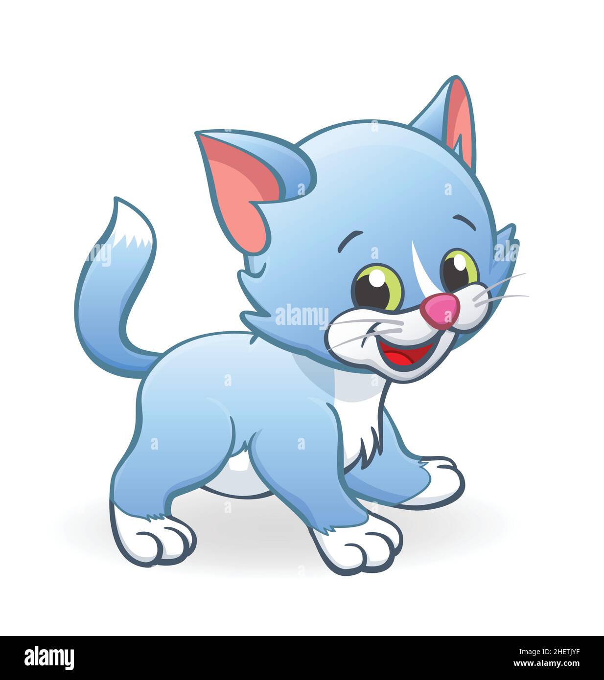 Cute smiling light blue cartoon kitten cat character standing vector ...