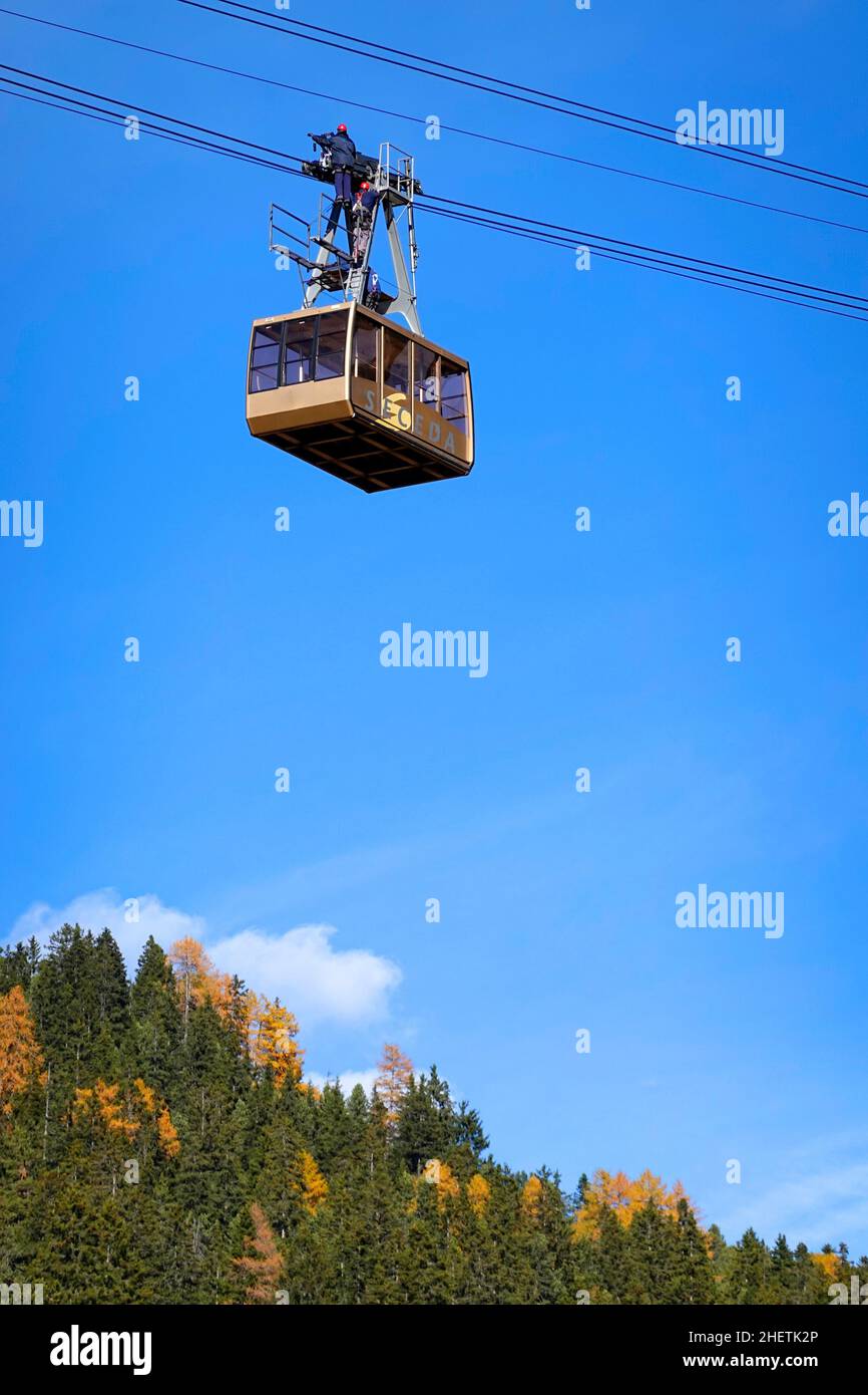 Maintenance of the Seceda cable car in the dolomites, Italy, Europe ...
