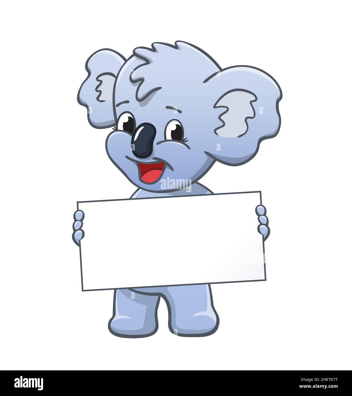 Cute smiling happy cartoon koala character holding blank sign vector ...