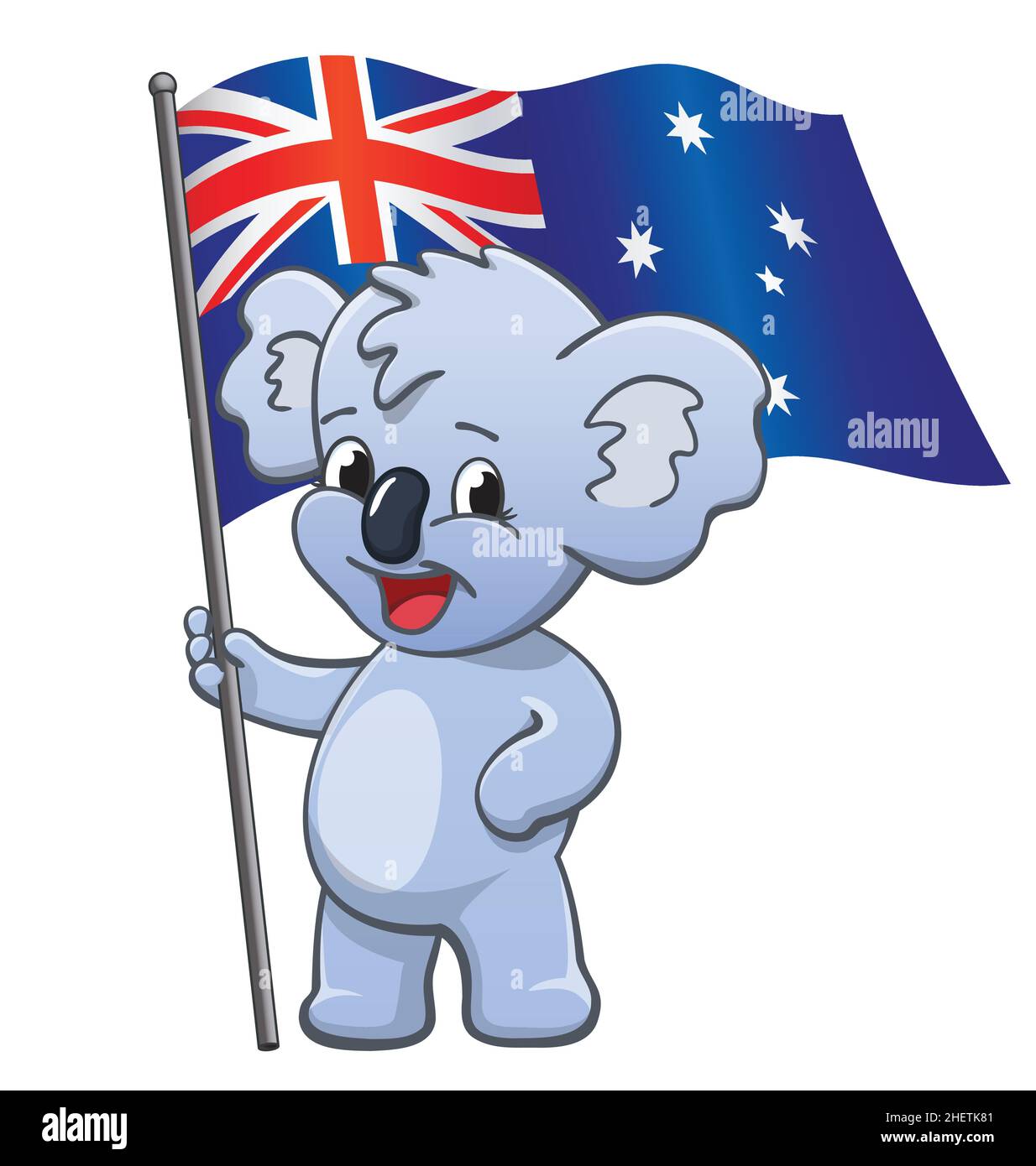 Cute smiling happy cartoon koala character holding Australian flag ...