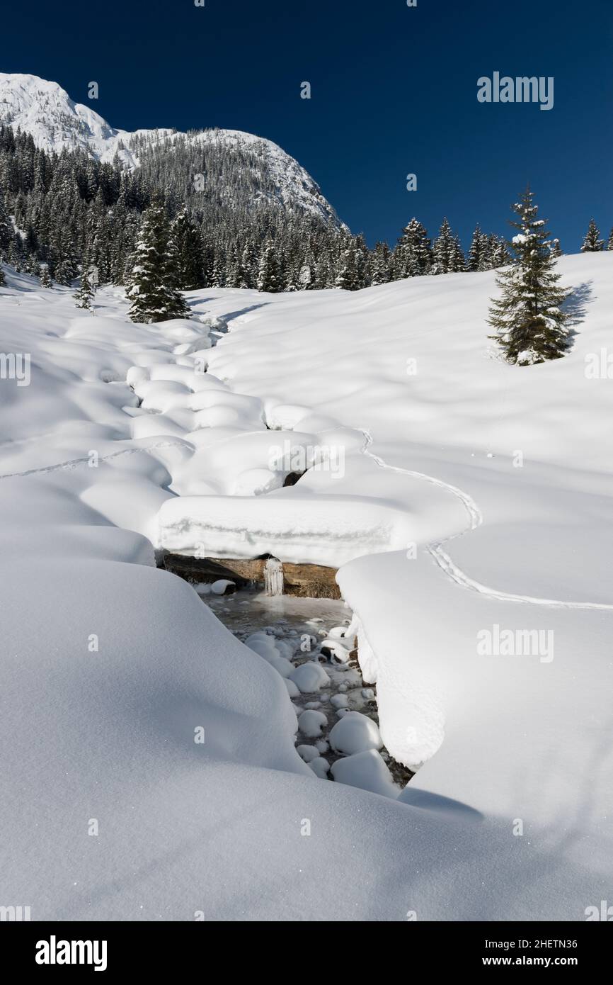 small river in snowy winter landscape at austrian mountains Stock Photo ...