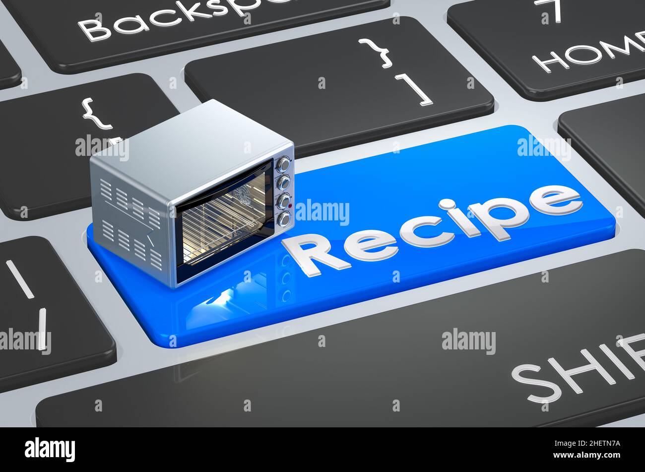 Microwave oven on keyboard. Recipe blue key, 3D rendering Stock Photo ...