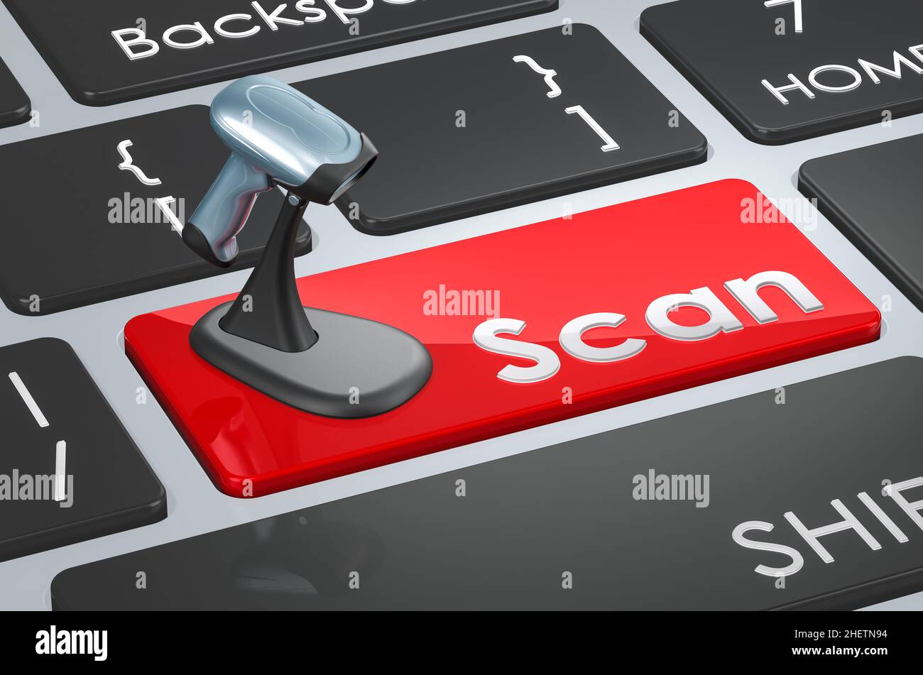 Scan red key. Barcode reader on keyboard. 3D rendering Stock Photo - Alamy
