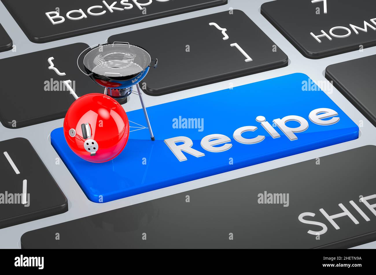 Barbecue grill on keyboard. Recipe blue key, 3D rendering Stock Photo ...