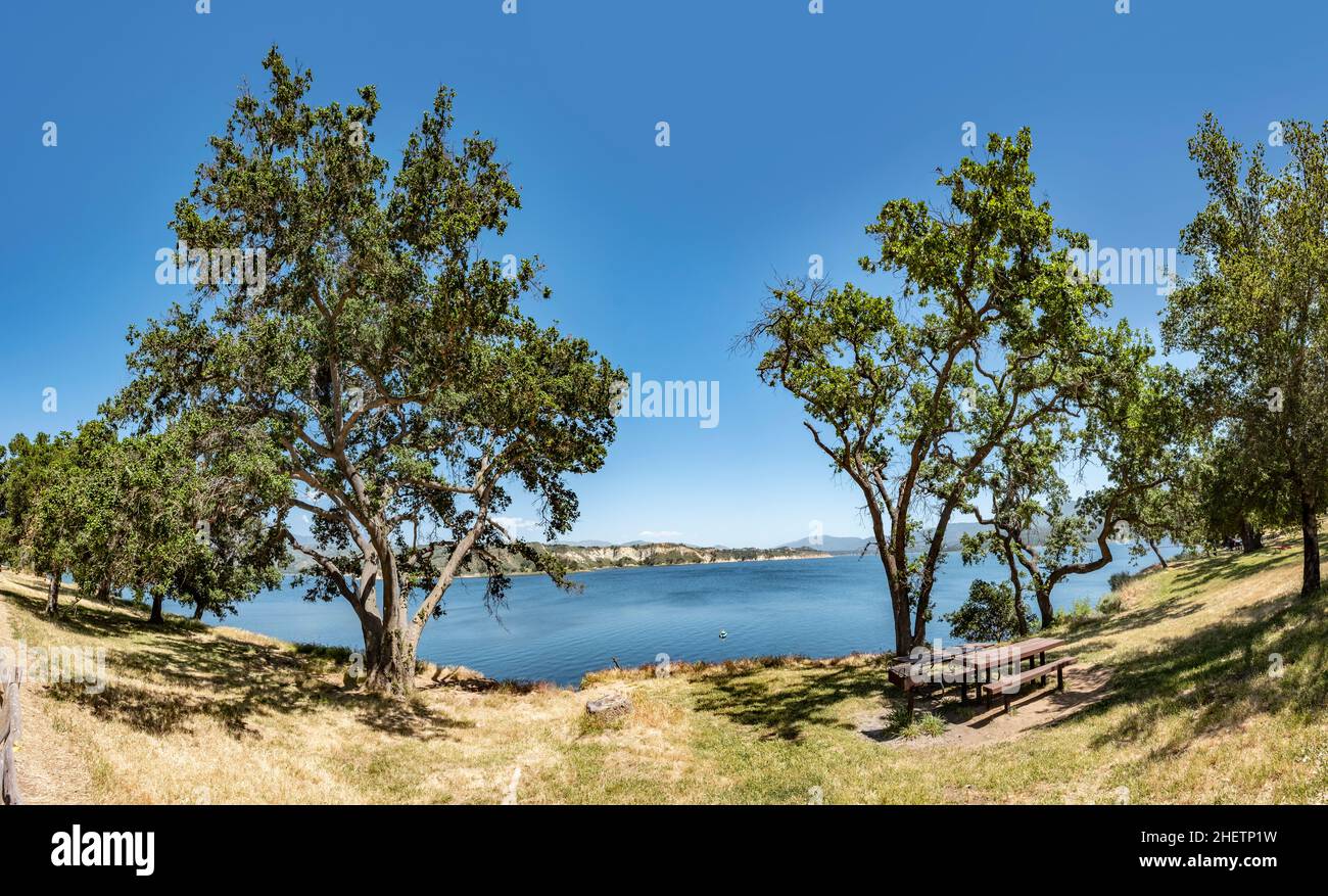 scenic landscape of Lake Cachuma and surrounding mountains in ...