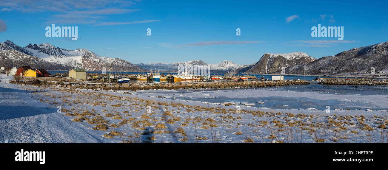 The View at the harbour and village of Tromvik and the fjord in the ...