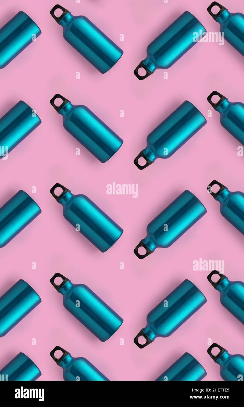 Vertical seamless pattern of steel turquoise color bottles on pink ...