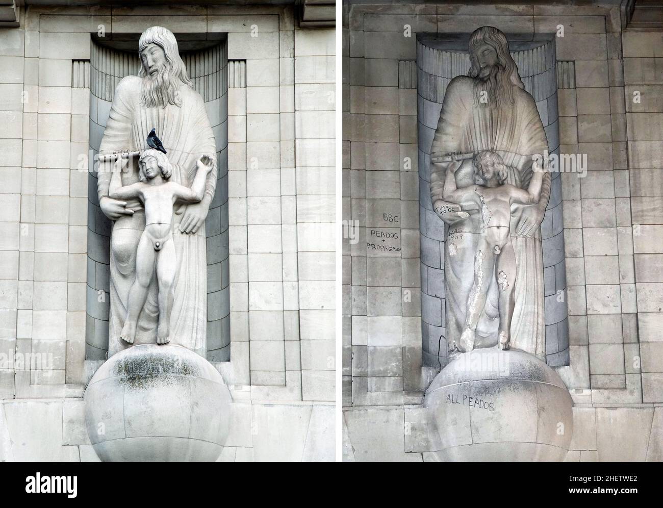 Undated file photo (left) and the damaged caused after a man climbed ...