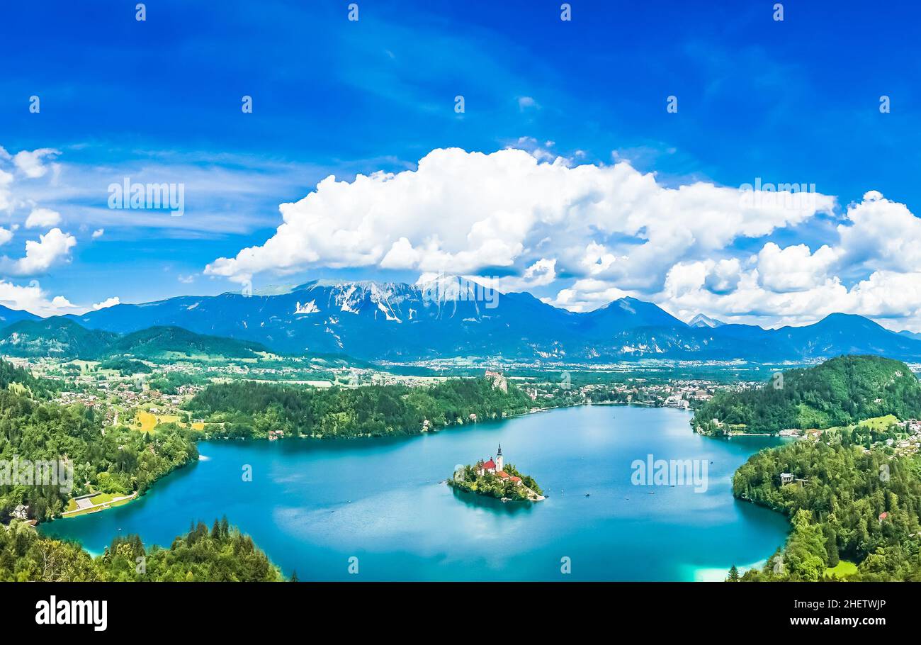View of Bled lake and Karavanke mountains behind in Gorenjska, Slovenia ...