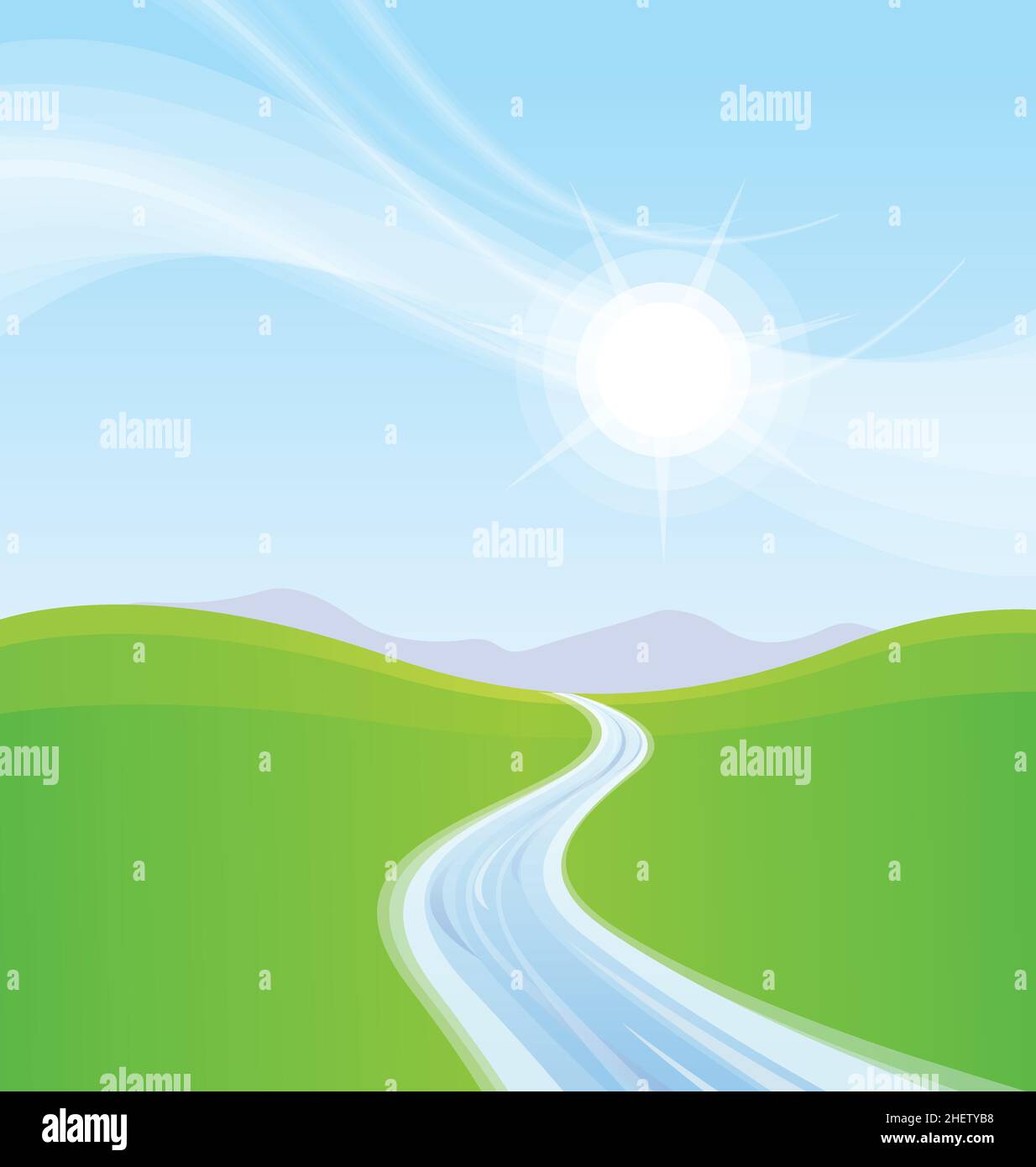 beautiful green grass meadows with flowing stream on sunny day ...