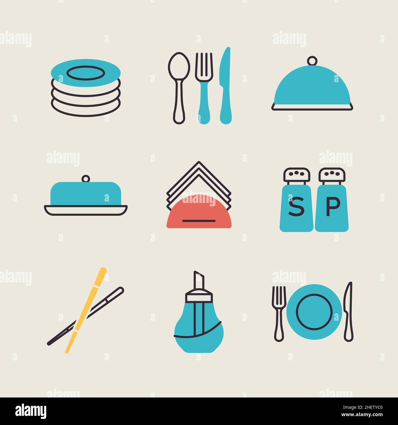 Restaurant vector flat icon set. Serving food sign. Graph symbol for ...